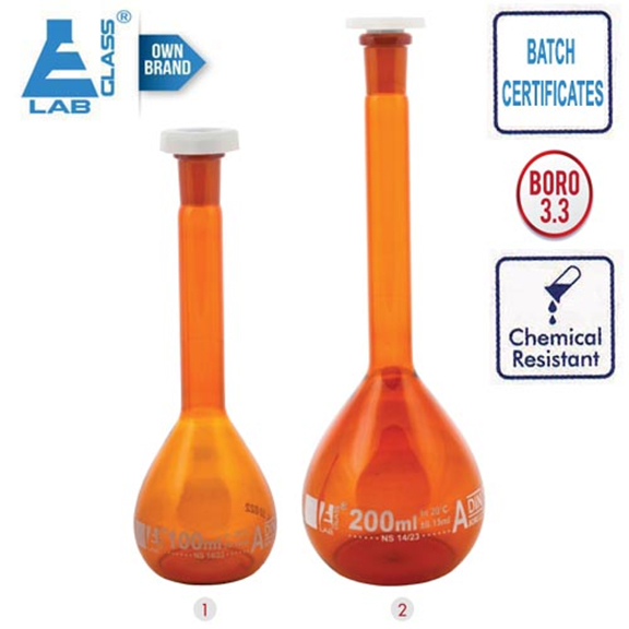 Volumetric Flasks with Stopper Amber Class-A Borosilicate Glass ...
